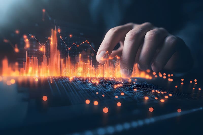 Hand Interacting with Holographic Financial Data Displayed on a Tablet ...