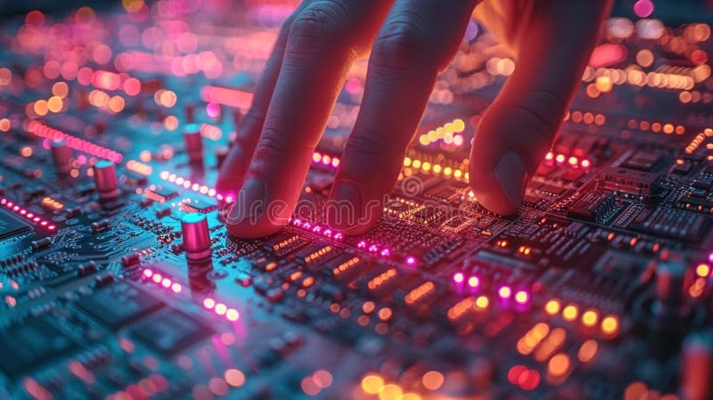 Hand Interacting with Illuminated Circuit Board, Vibrant Lights ...