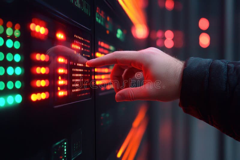 A Hand Interacting with Illuminated Control Panel in a Tech Environment ...