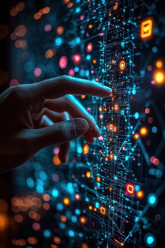 Hand Interacting with Illuminated Digital Interface Representing Technology and Connectivity ...