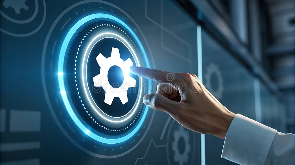 Hand Interacting with Illuminated Gear on a Futuristic Interface ...