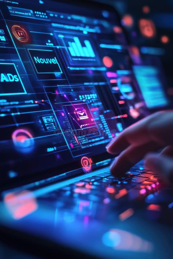 Hand Interacting with a Laptop Displaying Futuristic Digital Graphics ...