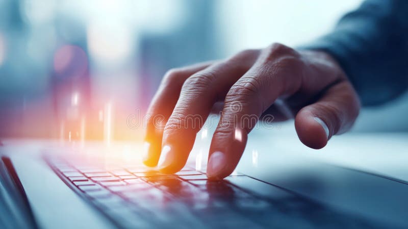 A Hand Interacting with a Laptop Keyboard, Highlighting Digital ...