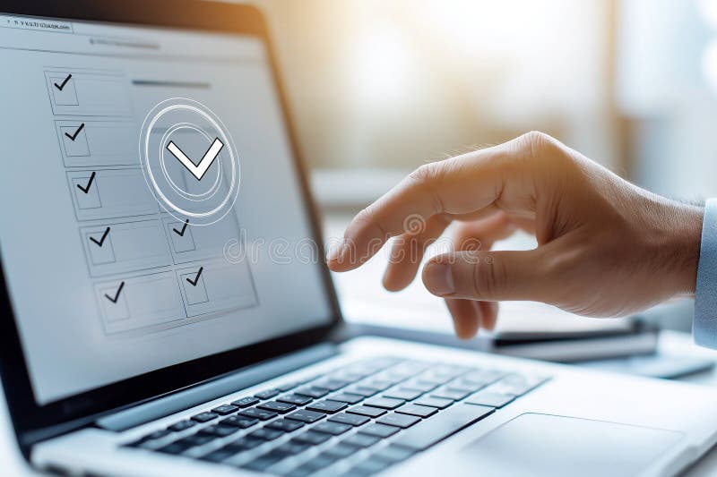 Hand Interacting with Laptop Screen Displaying Checkboxes Symbolizing ...