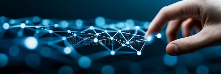 Hand Interacting with a Luminescent Network of Connected Dots and Lines on a Deep Blue Stock ...