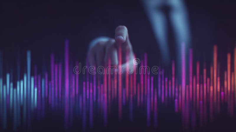 Hand Interacting with Multicolored Data Bars on Dark Background Stock ...