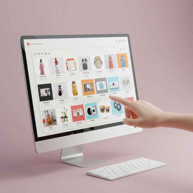 Hand Interacting with Online Product Catalog on Computer Screen Stock ...