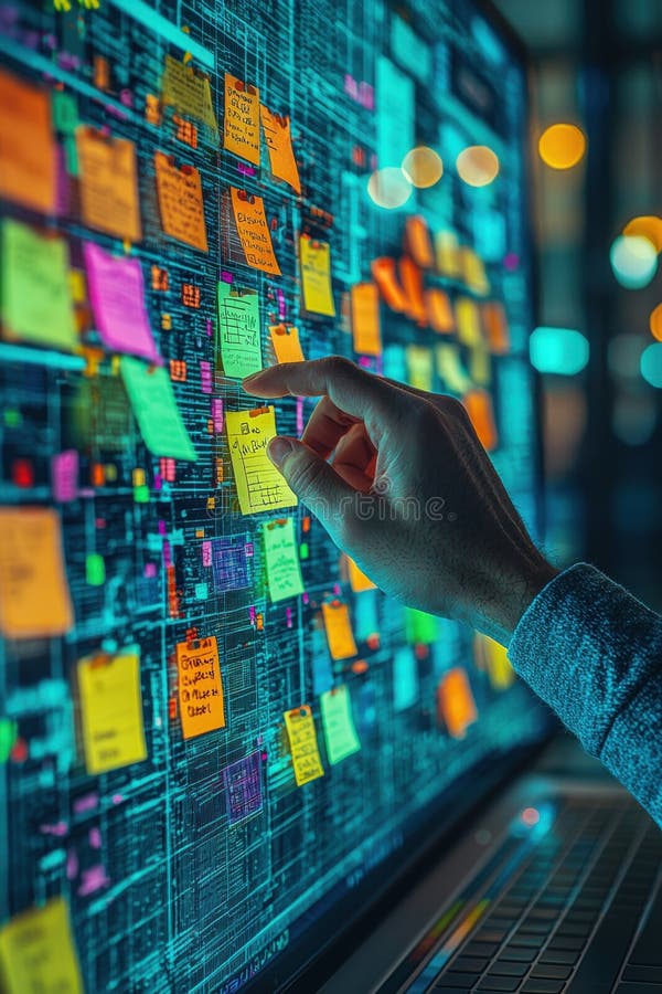 Hand Interacting with Post-it Notes on a Digital Planning Board Stock ...