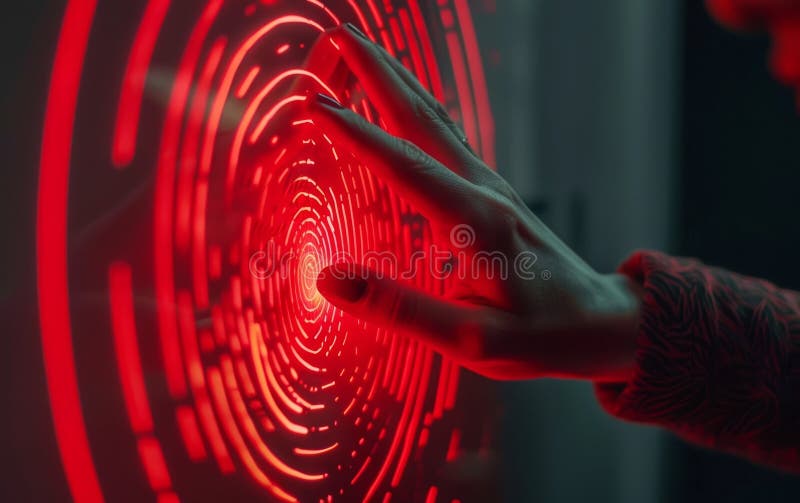 A Hand Interacting with a Red Biometric Fingerprint Scanner ...