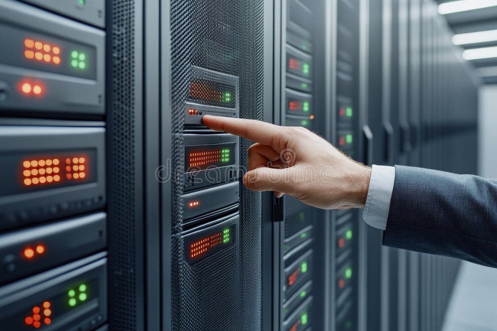 Hand Interacting with Server Rack in Data Center Stock Photo - Image of ...