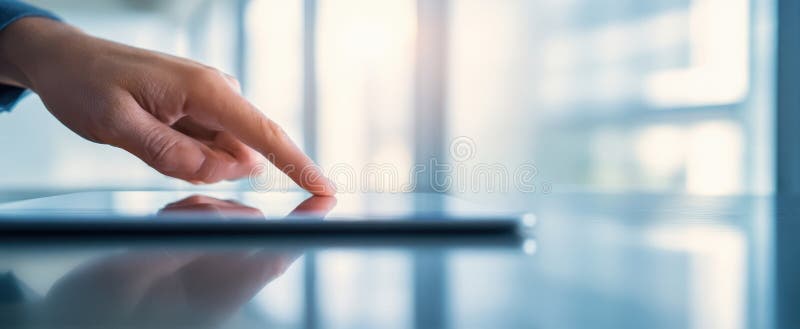 The Hand Interacting with a Sleek Tablet in a Modern Office Environment ...