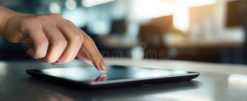 The Hand Interacting with a Sleek Tablet in a Modern Office Setting..AI ...
