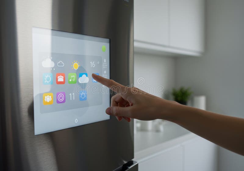 Hand Interacting with Smart Refrigerator Touchscreen Interface in Modern Kitchen Stock Image ...