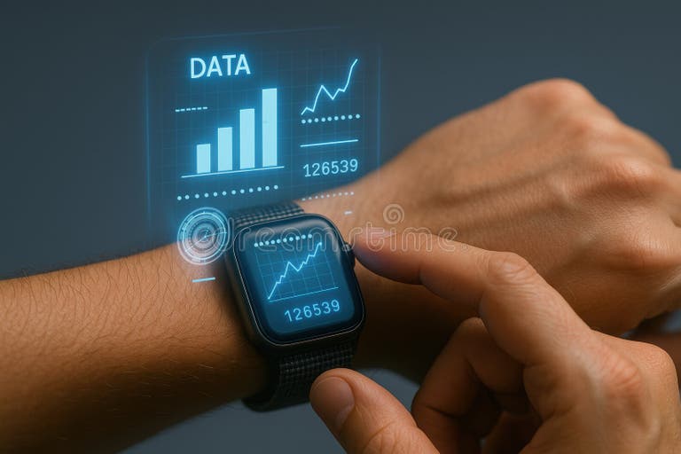 Hand Interacting with Smart Watch Displaying Data, Graphs, and Modern ...