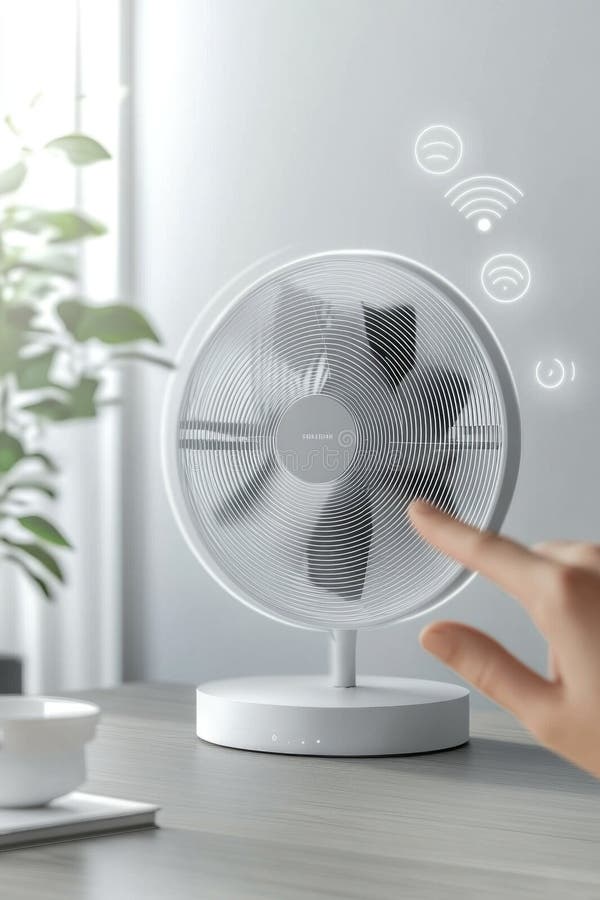 Hand Interacting with a Smart Wireless Fan with Displayed Controls ...