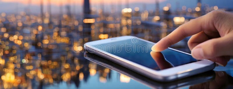 Hand Interacting with a Smartphone Against a City Backdrop. Touchscreen ...