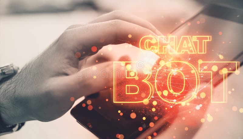 Hand Interacting with Smartphone Displaying Glowing CHAT BOT Text and ...