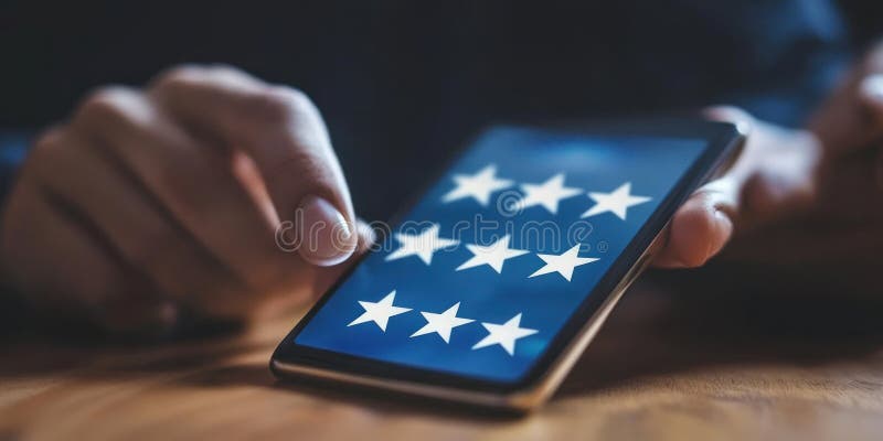 Hand Interacting with a Smartphone Screen Displaying a Rating System ...