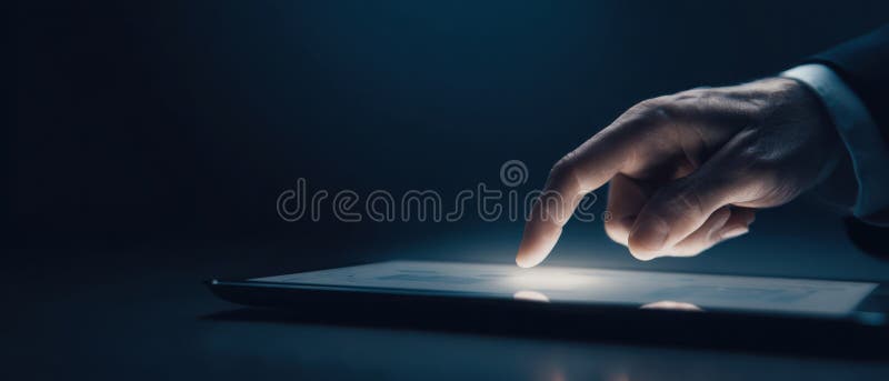 The Hand Interacting with a Tablet in a Dark, Modern Workspace. AI ...
