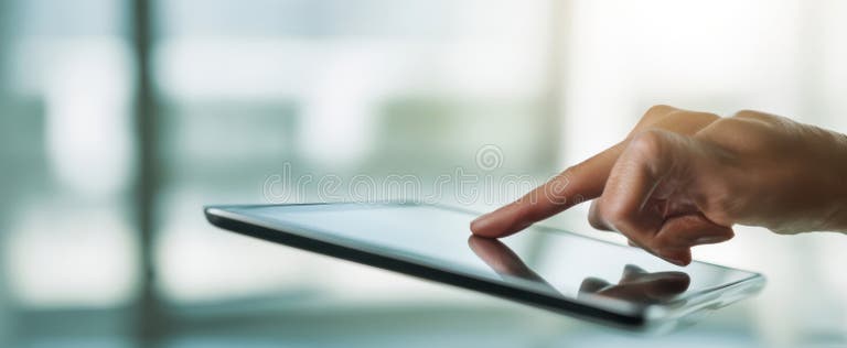 The Hand Interacting with a Tablet Device in a Modern Workspace Setting ...