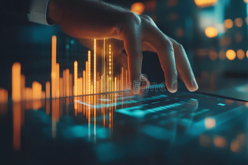 Hand Interacting with a Tablet Displaying Data and Charts Stock ...