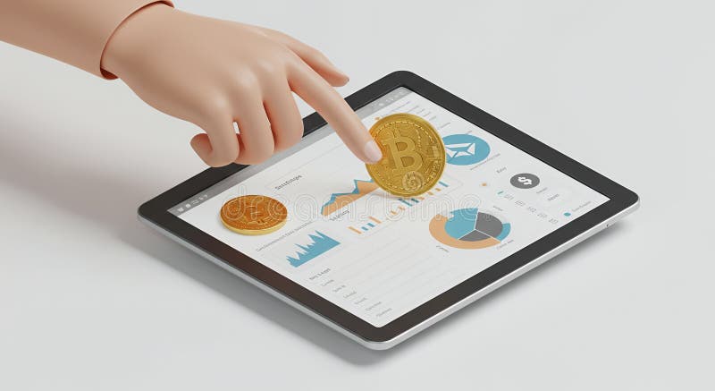 Hand Interacting with Tablet Displaying Financial Charts and Gold Objects in Isometric 3D Render ...