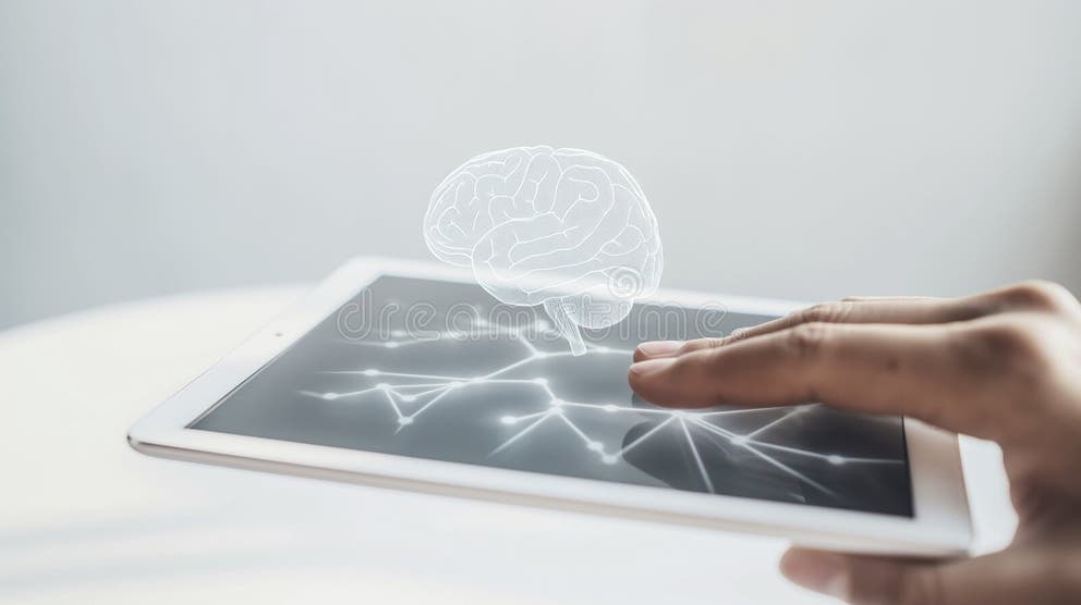 Hand Interacting with a Tablet Displaying a Holographic Brain and ...