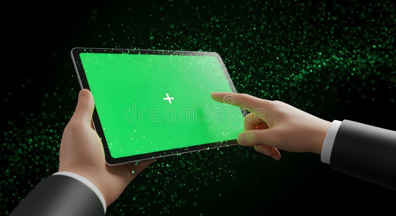 Hand Interacting with Tablet Green Screen in Sparkling Futuristic ...