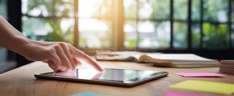 The Hand Interacting with a Tablet in a Sunlit Workspace Setting..AI ...
