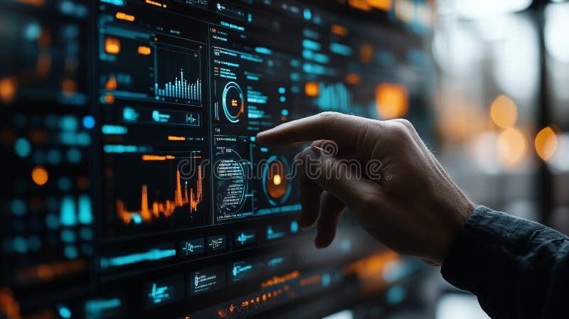Hand Interacting with a Touch Screen Displaying Various Data ...