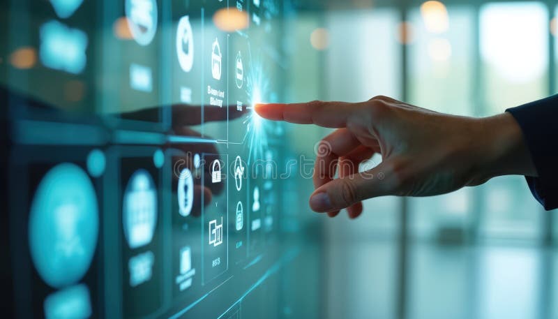 Hand Interacting with Touchscreen Smart Office Building Interface ...