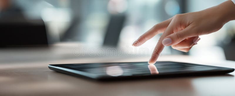 The Hand Interacting with a Touchscreen Tablet in a Modern Office ...