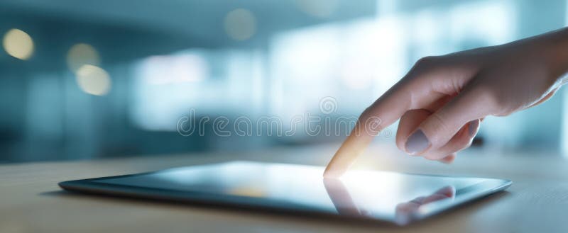 The Hand Interacting with a Touchscreen Tablet in a Modern Workspace.AI ...