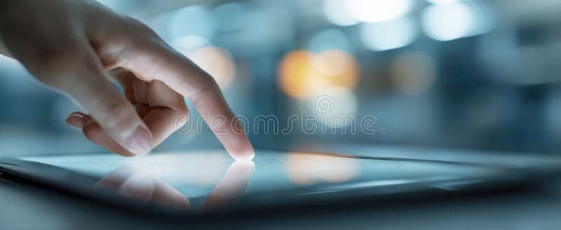 The Hand Interacting with a Touchscreen Tablet in a Modern Workspace ...