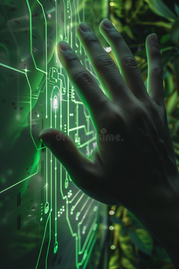 Hand Interacting with a Vibrant Green Futuristic Interface, Blending ...