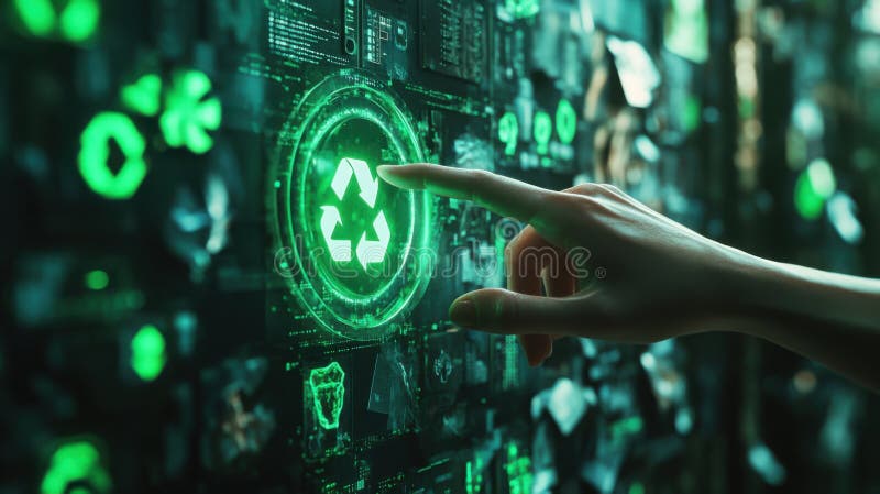 Hand Interacting with Virtual Recycling Icon in Futuristic Digital ...