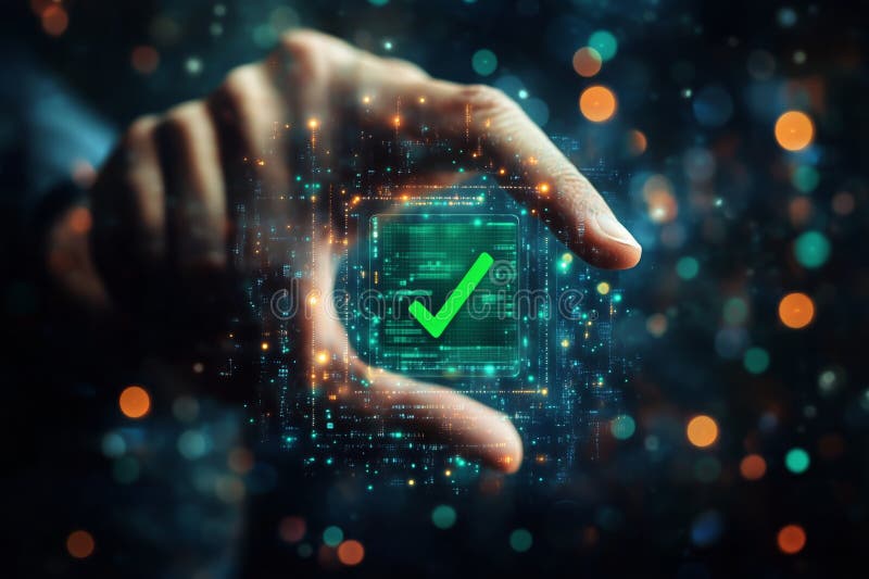 Hand Interaction with Digital Interface Displaying a Verified Check ...