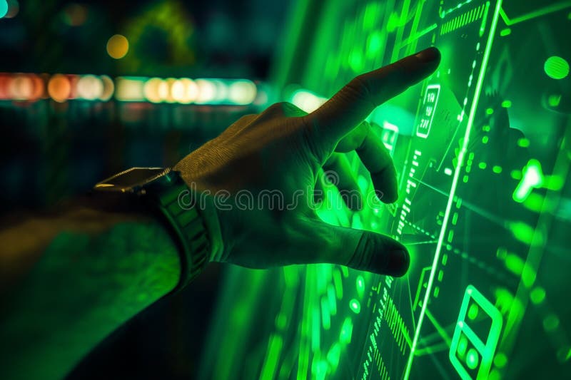 Hand Interacts with Bright Green Futuristic Digital Display, Showcasing ...