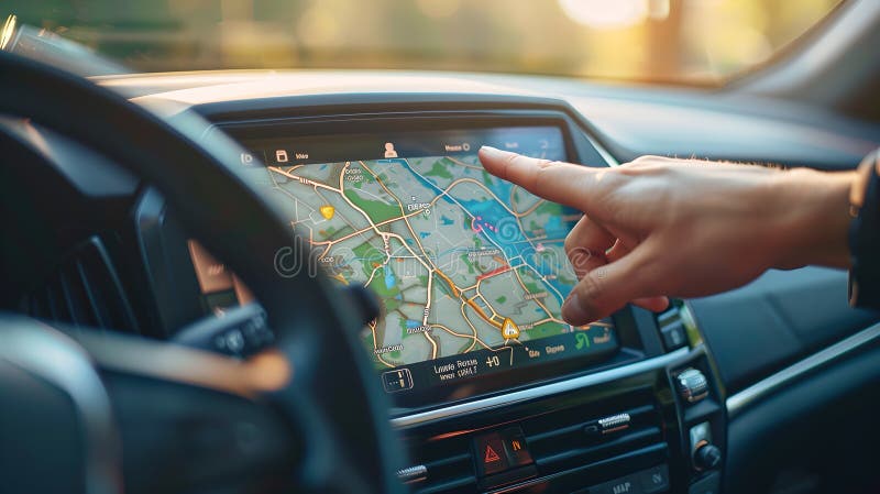 Driver Navigating with a Car Touchscreen GPS. Modern Vehicle Interior ...
