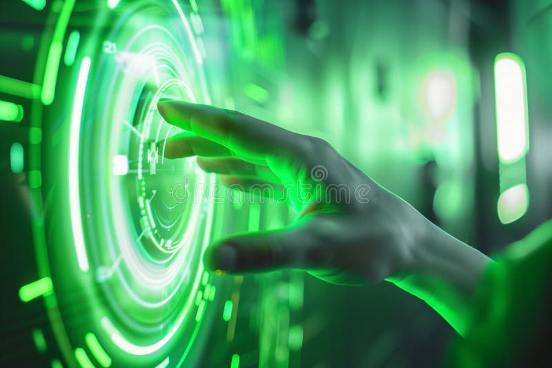 Hand Interacts with a Circular Interface Glowing Green, Blending ...