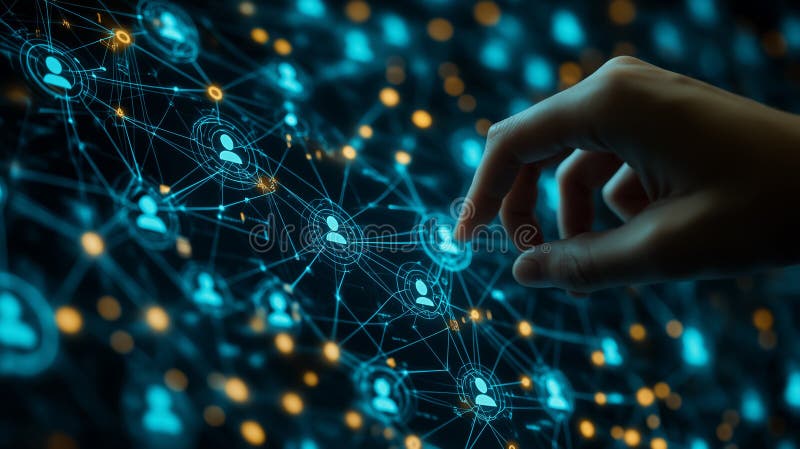 A Hand Interacts with a Complex Digital Network of Interconnected Nodes ...
