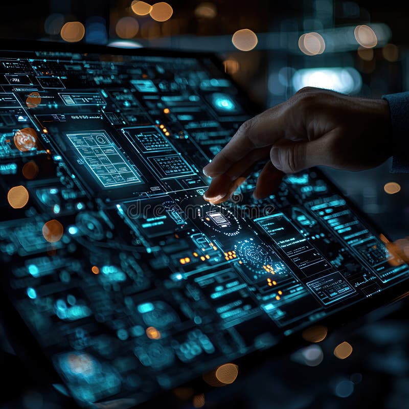 Futuristic Interface Control Finger Interacting with a Glowing, Complex ...