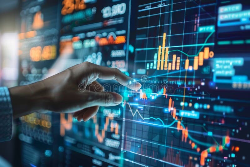 Hand Interacts With Computer Screen Displaying Data Visualizations Showing Data Driven Decision