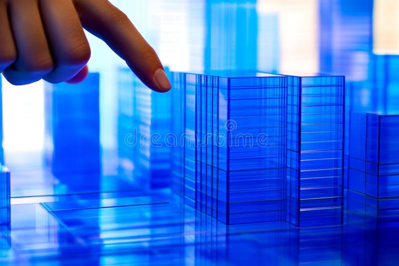 The Hand Interacts with Cubes that are Floating and Translucent Blue in ...