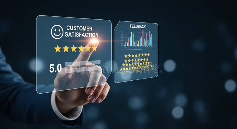 A Hand Interacts with a Customer Satisfaction Interface Showing Stars ...