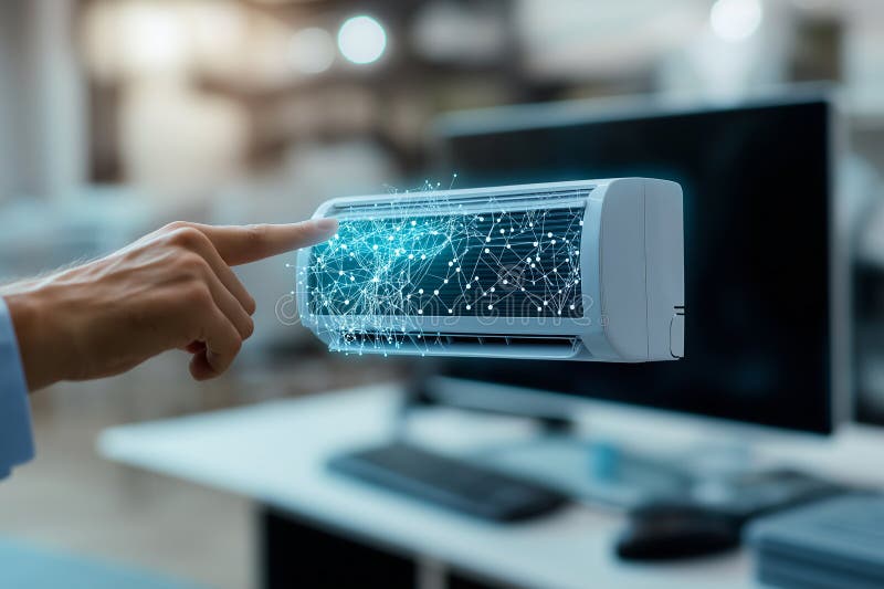 Hand Interacts with Digital Air Conditioner Interface Featuring Holographic Blue Screen in ...
