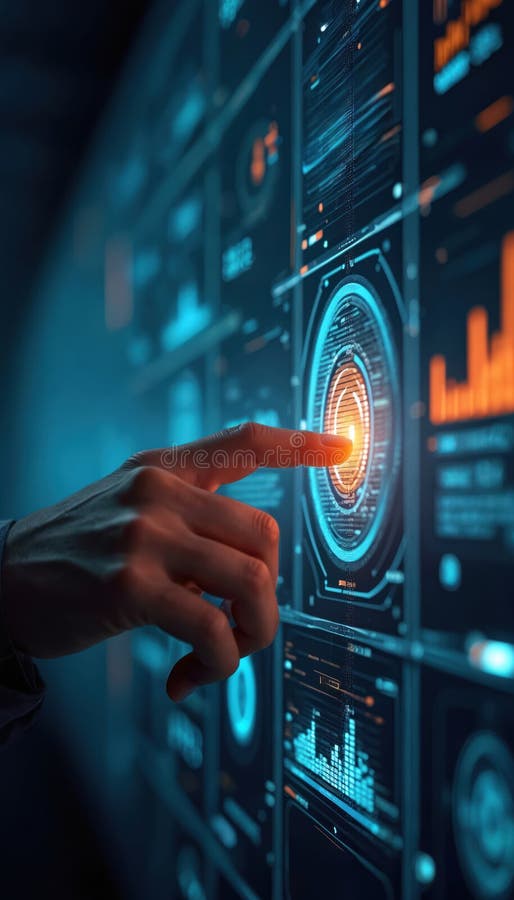 Hand Interacts With Digital Interface Displaying Data Analytics Data Visualization User