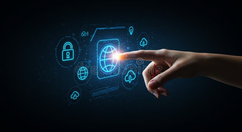 A Hand Interacts with a Digital Interface Displaying Futuristic Icons. Central is a Stock ...