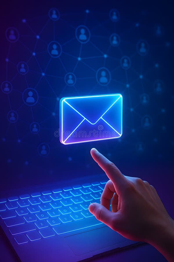 A Hand Interacts with a Digital Interface Displaying a Glowing Envelope ...