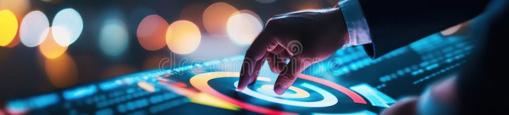 Hand Interacting with a Digital Interface with a Graph and Blurred City ...